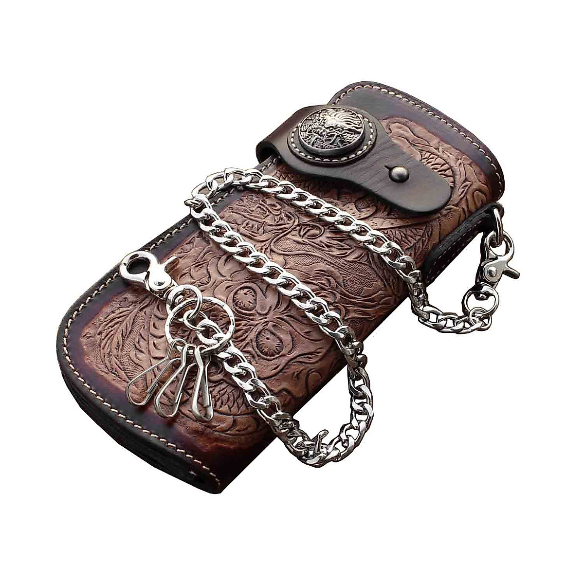 crazy hunter Dragon Skull Motorcylce Biker Cow Leather Card Holder Handmade Wallet With Chain L66