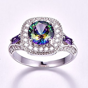 Psiroy 925 Sterling Silver Plated Round Simulated Rainbow Topaz Halo Anniversary Ring for Women Size 8