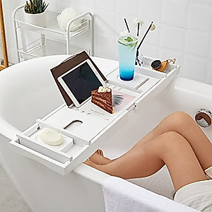 GANFANREN Extendable Bath Tub Caddy Wooden Bathtub Bridge Shelf Organizer Tray with Book Stand for Home Hotel Spa Salon