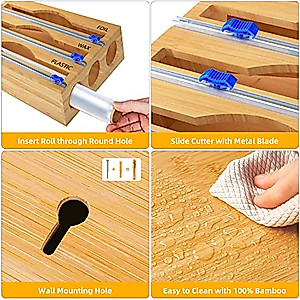 BUDO 3 in 1 Wrap Dispenser with Cutter and Labels, Bamboo Foil and Plastic Wrap Organizer, Wax Parchment Paper Dispenser for Kitchen Drawer, Fits 12" Roll Storage Holder