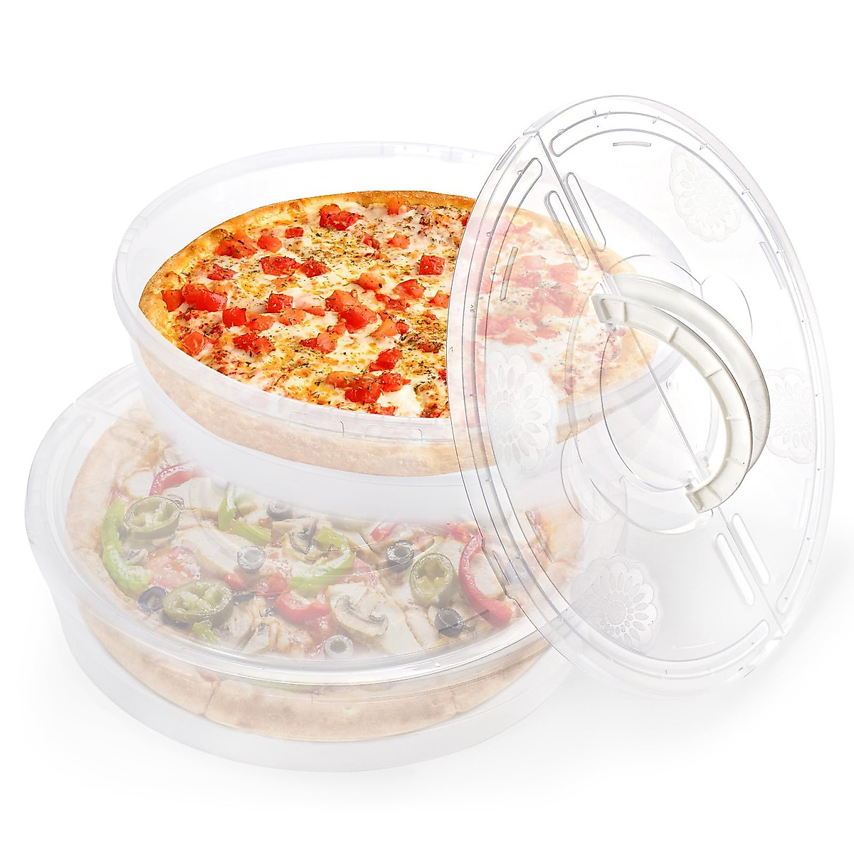 Lawei 2 Pack 12 Inch Food Storage Container with Lid and Handle, 2 Compartments Plastic Pie Carrier Pizza Slice Storage Containers, Reusable Round Pie Keeper Holder for Cake Cheesecake Tortilla