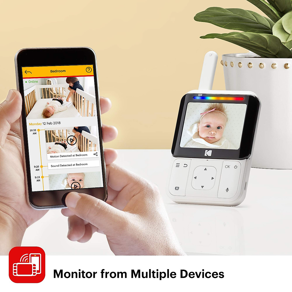 KODAK Cherish C225 Video Baby Monitor - Tilt/Pan/Zoom Camera, 2.8" HD Screen, Hi-res Camera, Remote Zoom, Two-Way Audio, Night-Vision, Long Range, WiFi, Mobile App