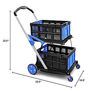 OSWIN Double Layer Folding Shopping Cart, Foldable Portable Trolley, Utility Cart with Shoping Baskets, Office Folding Cart with Wheels, Multi Use Functional Collapsible Carts for Supermarket