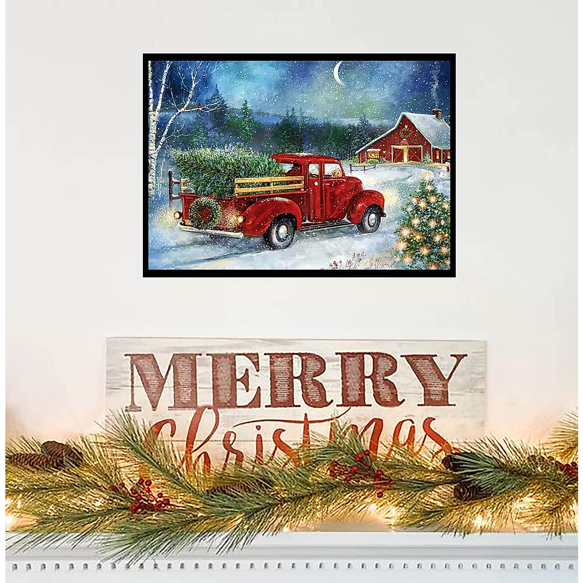 RUIHA Christmas Diamond Painting Kits,Winter Diamond Art Kit for Adults,Red Truck 5D Paint with Diamond Full Drill for Parents-Children Interrction,Wall Decor(12x16) (Snowy Night)