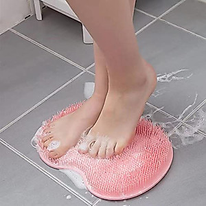 Shower Shower Foot & Back Scrubber，New Wall Mounted Back Scrubber, Silicone Bath Massage Cushion Brush with Suction Cups，Bathroom Wash Foot Mat Exfoliating Dead Skin Foot Brush (Pink)