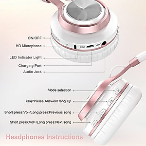 BASEMAN Wireless Over Ear Headphones, Long Battery Life Deep Bass Bluetooth Headphones with Microphone Wireless and Wired Headset for Computer iPhone Teens Girls Women School Travel - White Rose Gold