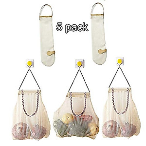 5 PCS Hanging BagHollow Reusable Storage Mesh Bag Vegetable Bag for Fruit,Garlics,Potatoes,Onions Breathable Mesh Bag