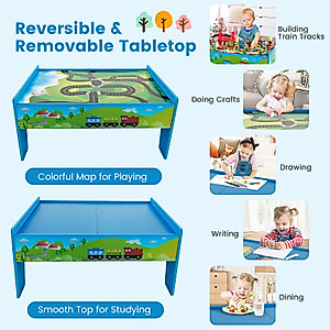 Costzon Train Table with 100 Multicolor Pieces, Wooden Kids Activity Table with Large Rolling Storage Drawer, Tracks, Cars, DIY Design, Train Set Table for Toddlers 3+, Gift for Boys Girls