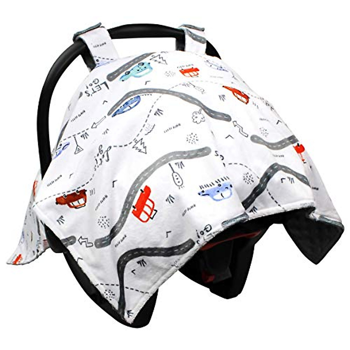 Baby Car Seat Canopy Cover - Road Trip with Grey Minky Dot