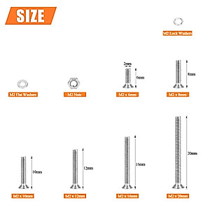 HELIFOUNER 420 Pieces M2 x 6mm /8mm /10mm /12mm /16mm /20mm, 304 Stainless Steel M2 Countersunk Socket Cap Screws Nuts Washers Kit