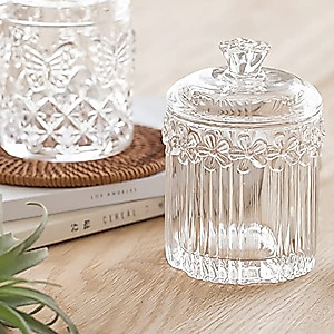 rejomiik 2 Pack Qtip Holder Glass Apothecary Jars with Lids Bathroom Accessories Vanity Organizers and Makeup Storage Canister for Cotton Ball, Cotton Swab, Floss, Candy, Clear