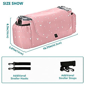 Sinestour Pink Hearts Stroller Organizer with Cup Holder Universal Stroller Organizer Bag Detachable Shoulder Strap Stroller Accessories for Diaper Toys Phone Keys Fit All Baby Stroller
