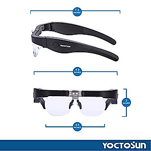 YOCTOSUN Rechargeable Magnifying Glasses, Head Magnifier Glasses with 2 LED Lights and Detachable Lenses 1.5X, 2.5X, 3.5X,5X, Best Eyeglasses Magnifier for Reading and Hobby