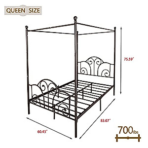 RYR Queen Size Canopy Bed Frame Four Poster Metal Platform Bed with Headboard Footboard, No Box Spring Needed Black