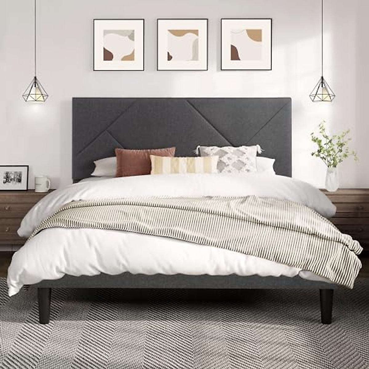 Allewie Queen Size Upholstered Bed Frame with Geometric Headboard, Heavy-Duty Platform Bed, No Box Spring Needed, Dark Grey