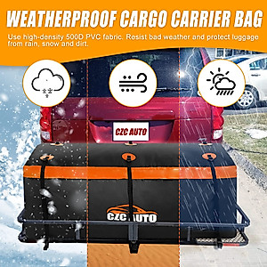 CZC AUTO Hitch Cargo Carrier Bag, 20 cu. ft Waterproof/Rainproof/Weatherproof Cargo Traveling Bag for Car Truck SUV Vans' Hitch Tray and Hitch Basket, Safe Steady Durable Soft, Black-Orange