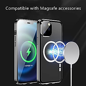 Jonwelsy Case for iPhone 13 Pro Max, 360 Degree Double-Sided Protection Compatible with Magsafe Magnetic Adsorption Metal Bumper Front Tempered Glass Back Frosted PC Cover for 13 Pro Max 6.7" (Blue)