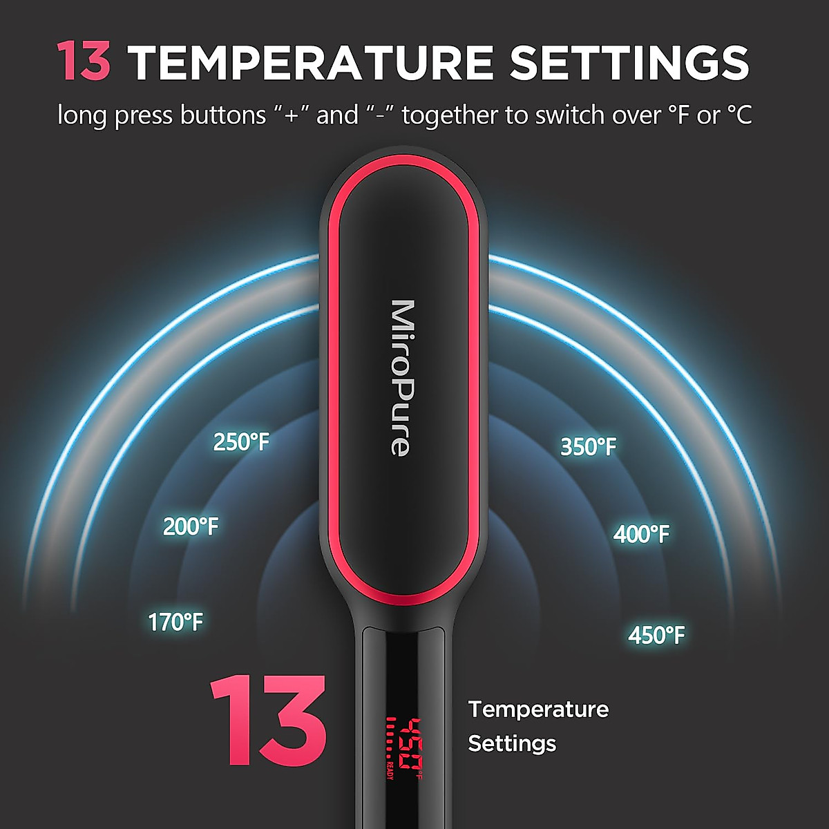 MiroPure Hair Straightener Brush, Hair Straightener Comb, 2-in-1 Ionic Straightening Brush with LCD Display, 13 Temperature Settings 30s Fast Even Heating Dual Voltage, Anti-Scald