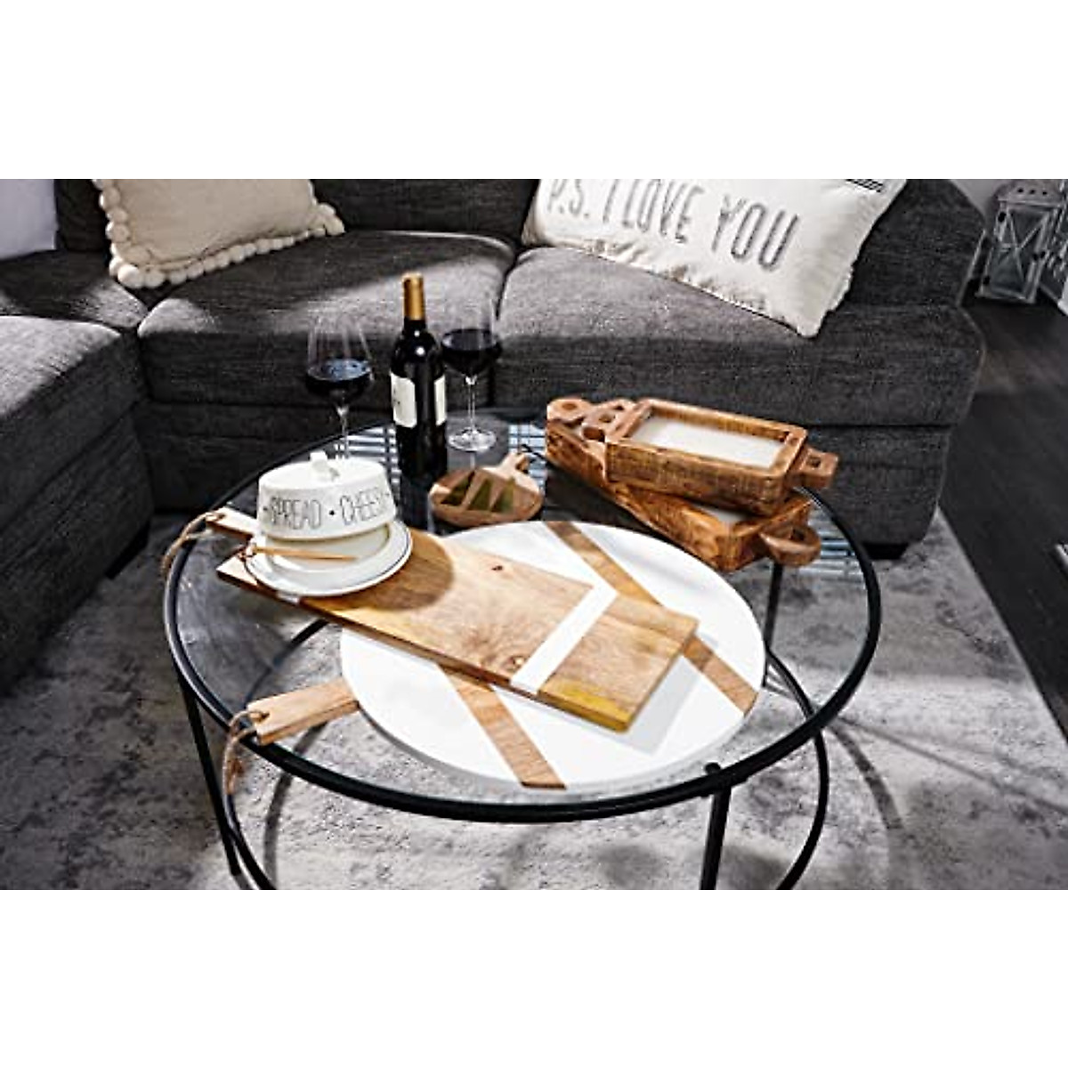 Mud Pie Large Round White/Natural Brown Wood Serving Paddle Board 25 1/5" x 20"