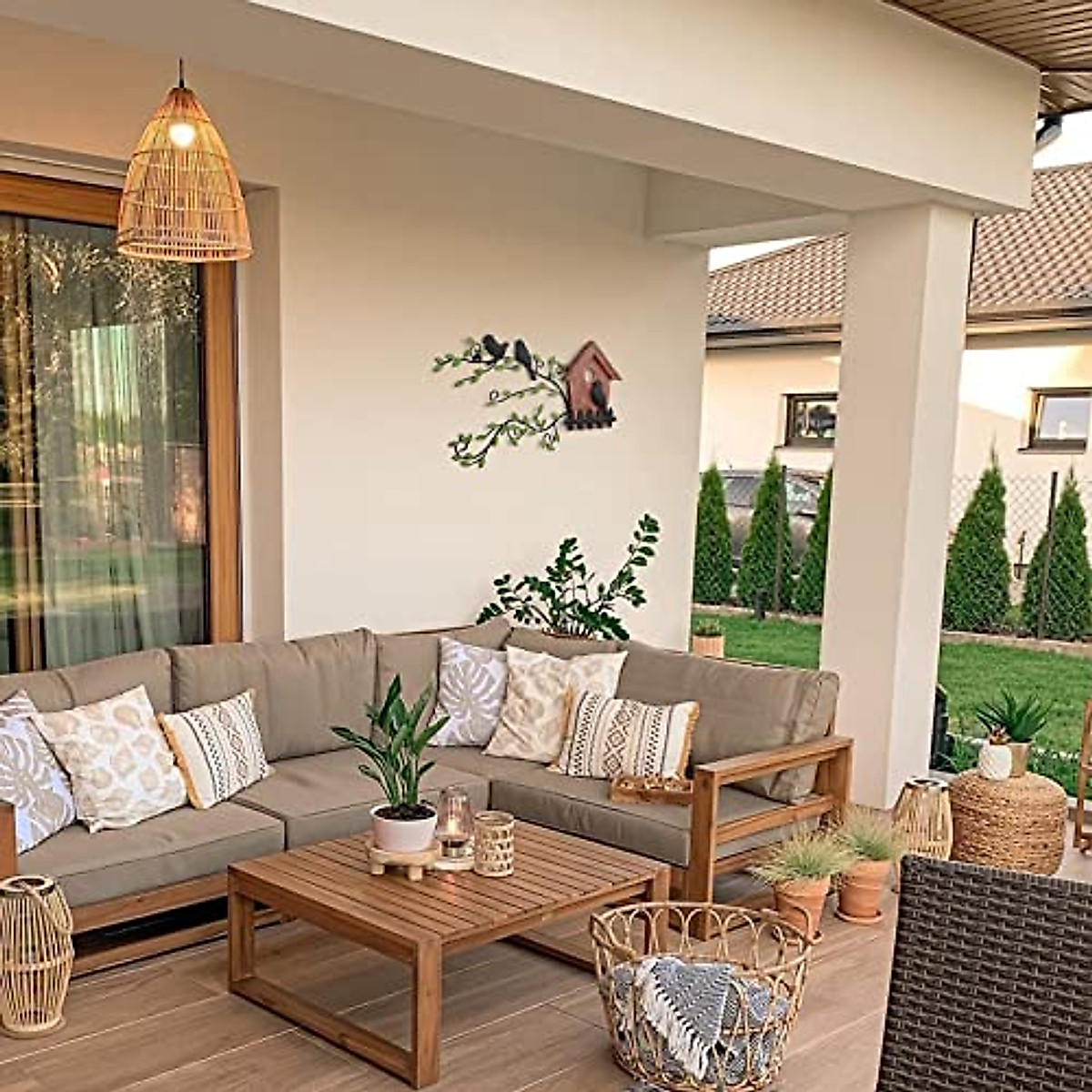 WGFKVAS Metal Birds Leaf Wall Decor, Birdhouse Vine Olive Branch Leaf Wall Art, Cast Iron Scroll Sculptures Hanging Decorations for Outdoor, Indoor, Garden, Back Yard, Patio