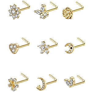 Masedy 9Pcs 20G Stainless Steel Nose Rings L Shaped Nose Studs Flower Screw Nose Rings for Women Men Nose Piercing Set LG