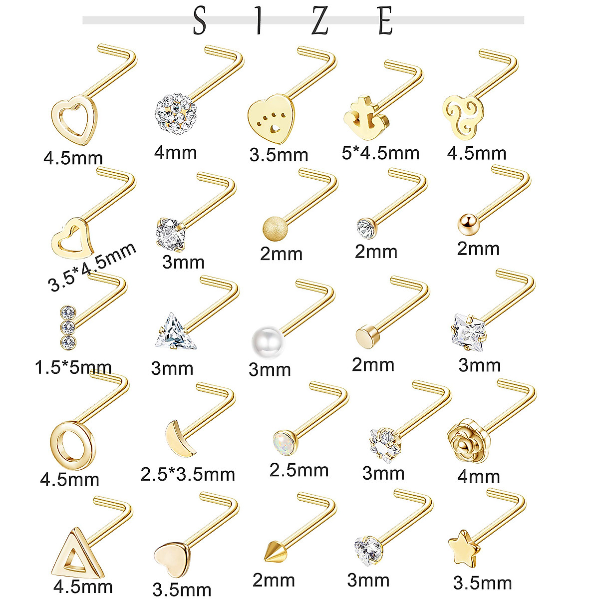 Drperfect 20G 25Pcs Nose Rings Studs Stainless Steel Bone Screw L Shaped Nose Body Piercing for Womens Mens