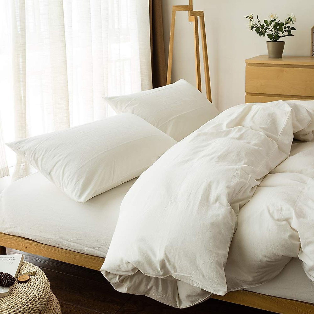 EMME White Cotton Duvet Cover Queen Size 3-Piece Set Soft Cotton Bedding Comforter Cover Full Size with 2 Pillow Shams Solid Color (White, Full/Queen)