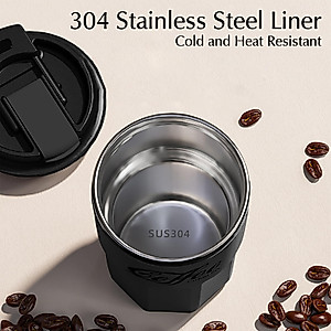 Colawind 16oz Travel Mug, Reusable Coffee Cups with Flip Top Lids, Stainless Steel Coffee Tumbler with Rope, 480ml Black Drink Cup for Iced Tea, Coffee, Water