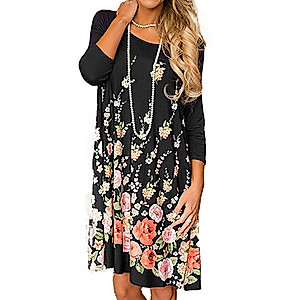 Shakumy Women Floral Print Long Sleeve Crew Neck T Shirts Dress Casual Loose Sundress Tunic Tops Dress Boho Mini Short Dress