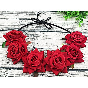 Floral Fall Rose Red Rose Flower Crown Woodland Hair Wreath Festival Headband F-67 (3-Red)