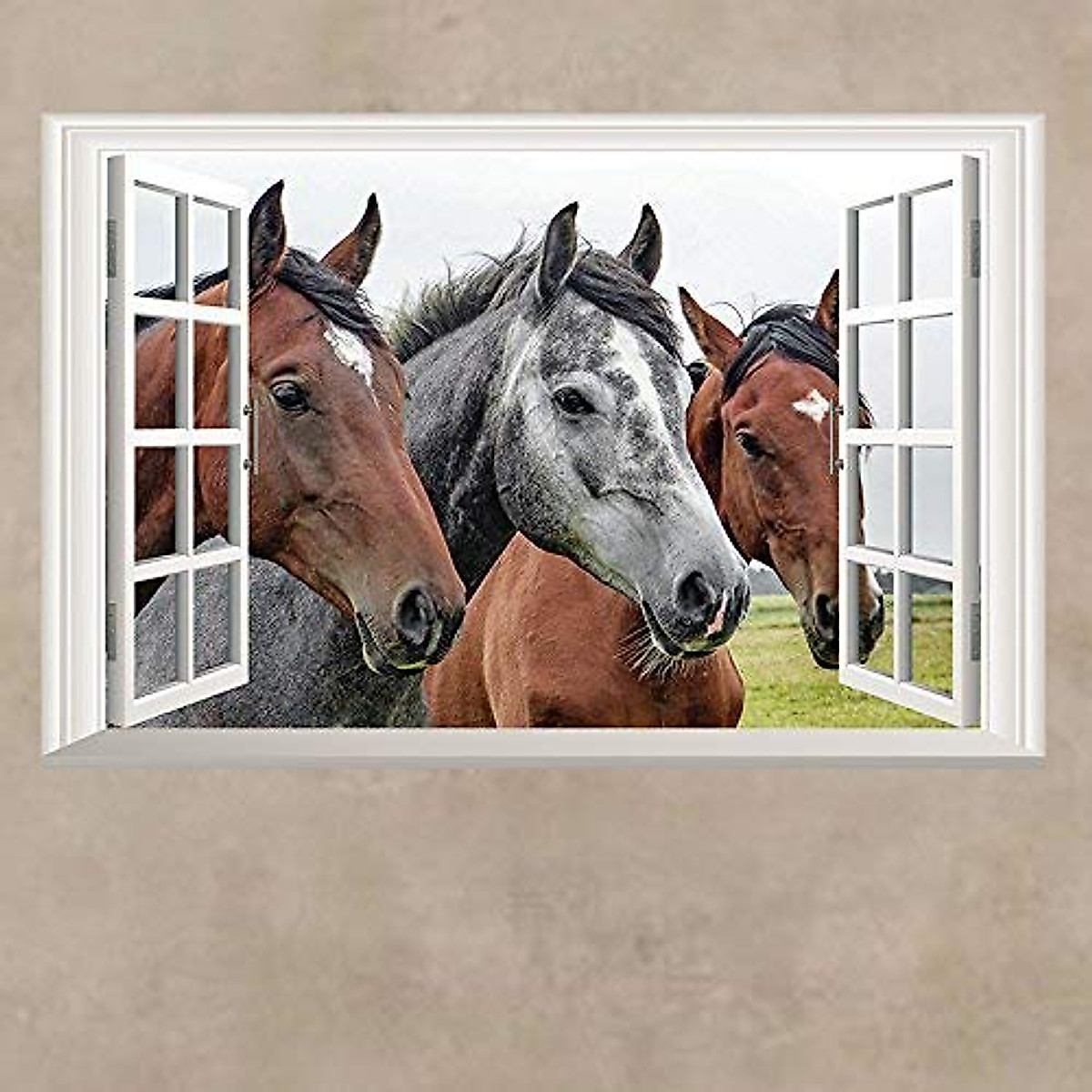 Home Find Horse Wall Decals 3D Faux Window View Decals Removable Fake Window Scene Wall Stickers Home Decor Art Mural Animals for Living Room Kids Room Nursery 23 inches x 15 inches