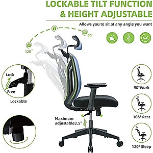 High Back Office Chair, Ergonomic Mesh Chair Home Desk Chair Adjustable Headrest, Executive Computer Chair with Hanger and Soft Foam Seat Cushion and Lumbar Support,Blue