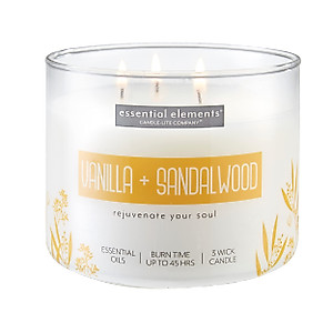 Essential Elements by Candle-lite Scented Candles, Vanilla & Sandalwood Fragrance, One 14.75 oz. Three-Wick Aromatherapy Candle with 45 Hours of Burn Time, Off-White Color