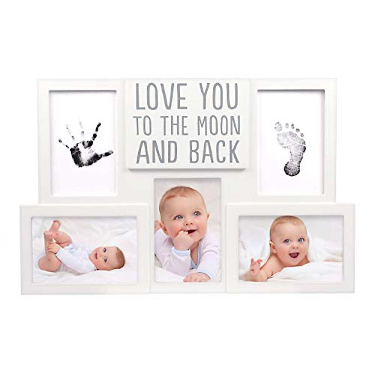Pearhead Love You to the Moon and Back Collage Baby Frame, Gender-Neutral Baby Nursery Décor for New and Expecting Parents, Baby Keepsake Frame, White