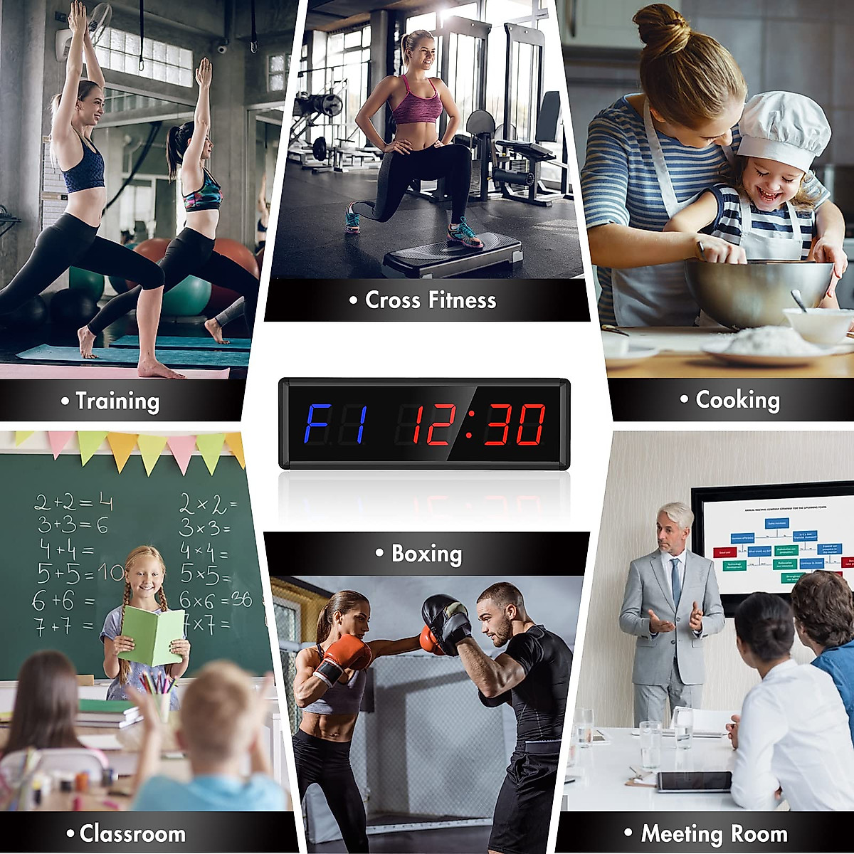 Seesii Gym Timer,LED Workout Colck Count Down/Up Clock,11.5" x 4" Ultra-Clear Digital Display, Power Bank Compatible with Workout Metal Stopwatch, Multi-Scenes with Remote (1.5 Inch Blue Red)