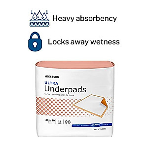 McKesson Ultra Underpads, Incontinence Bed Pads, Heavy Absorbency, 30 in x 30 in, 100 Count