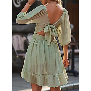 Dokotoo Beach Vacation Essentials Shirred Elastic Waist Square Neck Summer Dress for Women Tie Back Long Lantern Sleeve Ruffle A-Line Sexy Dress Casual Mini Dress Light Green Medium