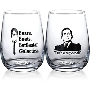 The Office Merchandise Wine Glass Set of 2 - That’s What She Said Wine Glass, Bears Beets Battlestar Galactica, The Office TV Show Fan Gifts, The Office Gifts for Women and Men, 17 oz