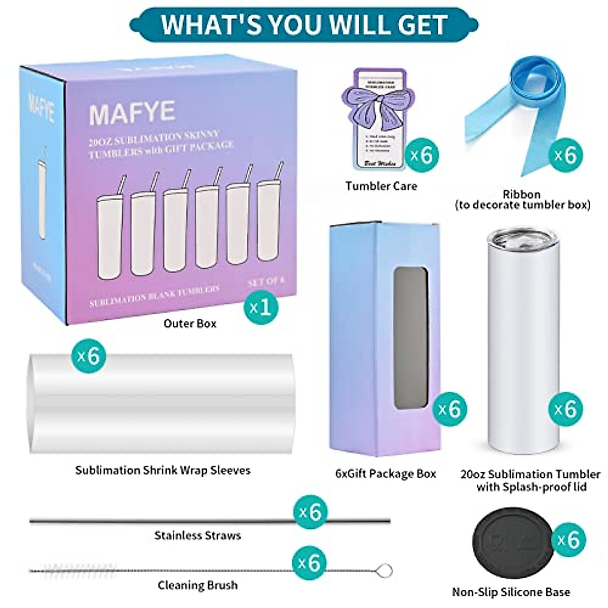 MAFYE Sublimation Tumblers, 6pack 20 oz Skinny Straight Tumbler with Straw Lids, Sublimation Shrink Wrap & Tumbler Cards Sublimation Blanks Product Stainless Steel Tumbler for Mug Press, Present Box