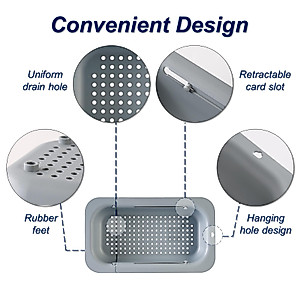 YUNKWONG Extendable Sink Colander Strainer Basket - Wash Vegetables and Fruits, Drain Cooked Pasta and Dry Dishes - Adjustable Over the Sink Colander Collapsible Drainer Basket -Gray