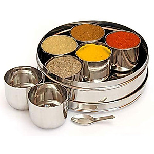 ARTISENIA Mother's Day Gifts Stainless Steel Spice Container Masala Box 7 Containers and 2 Small Spoon Masala Box Indian Masala Dabba With Size 9 X 9 Inches