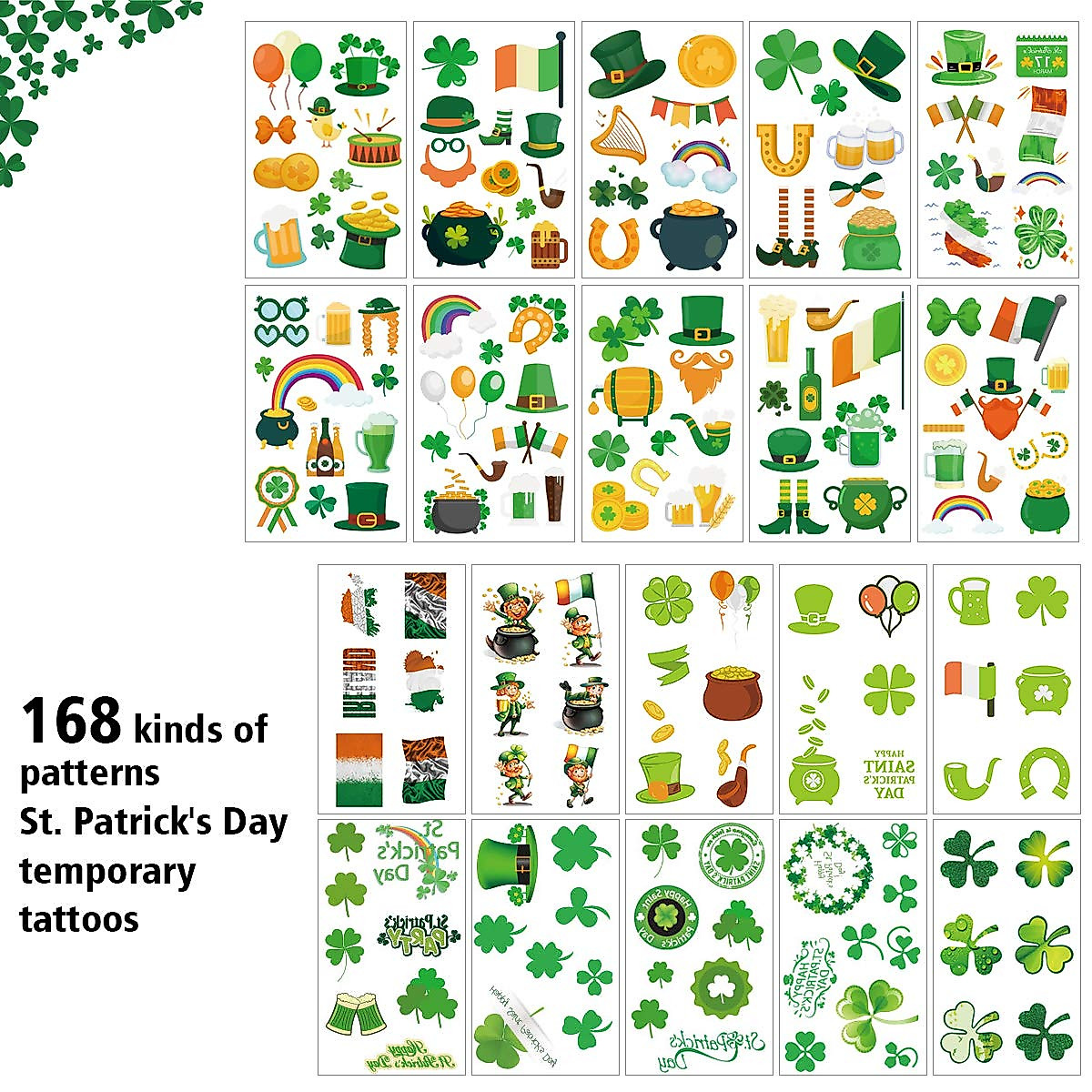 168 PCS St Patricks Day Tattoos Stickers Shamrock Tattoos Temporary Stickers Irish Tattoos Stickers for St. Patricks Day Parade Party Favors Decorations