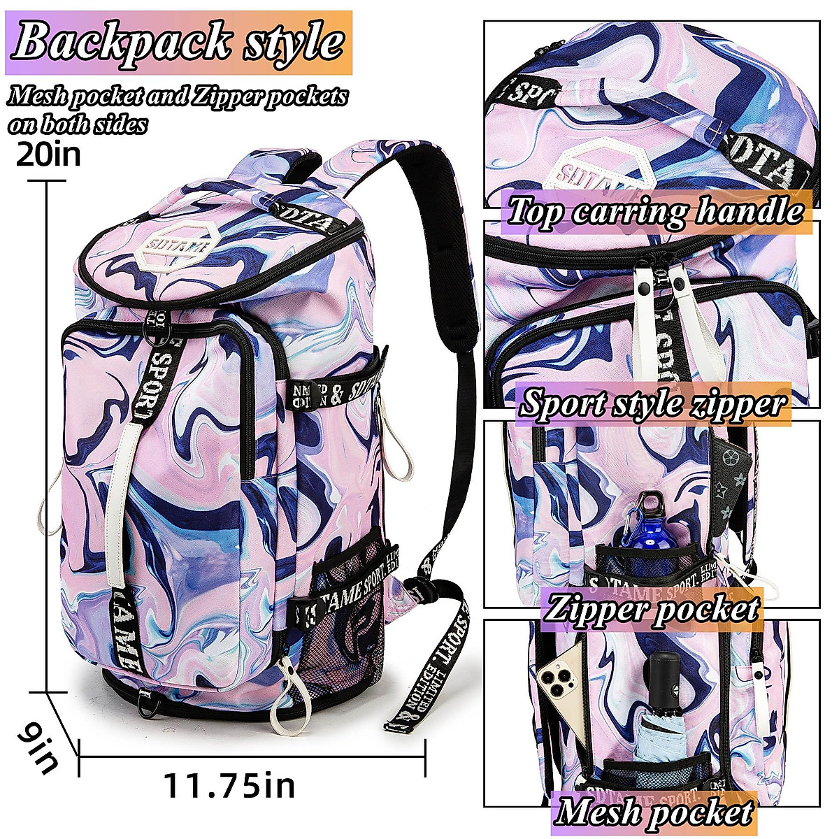 Gym Duffle Bag Backpack with Shoe Compartment,4 ways Travel Backpack for Women and Men,Multi-Functional Weekender bag with Waterproof Layer&Laptop Compartment for Fitness, Travel,Camping(Purple)