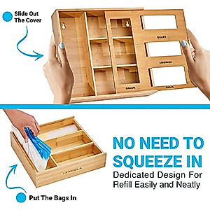 HEMSELA Ziplock Bag Organizer, kitchen drawer organizer with foil and plastic wrap, aluminum foil organizer, ziplock bag dispenser With Cutter, Compatible for Gallon, Quart, Sandwich & Snack (Wooden)