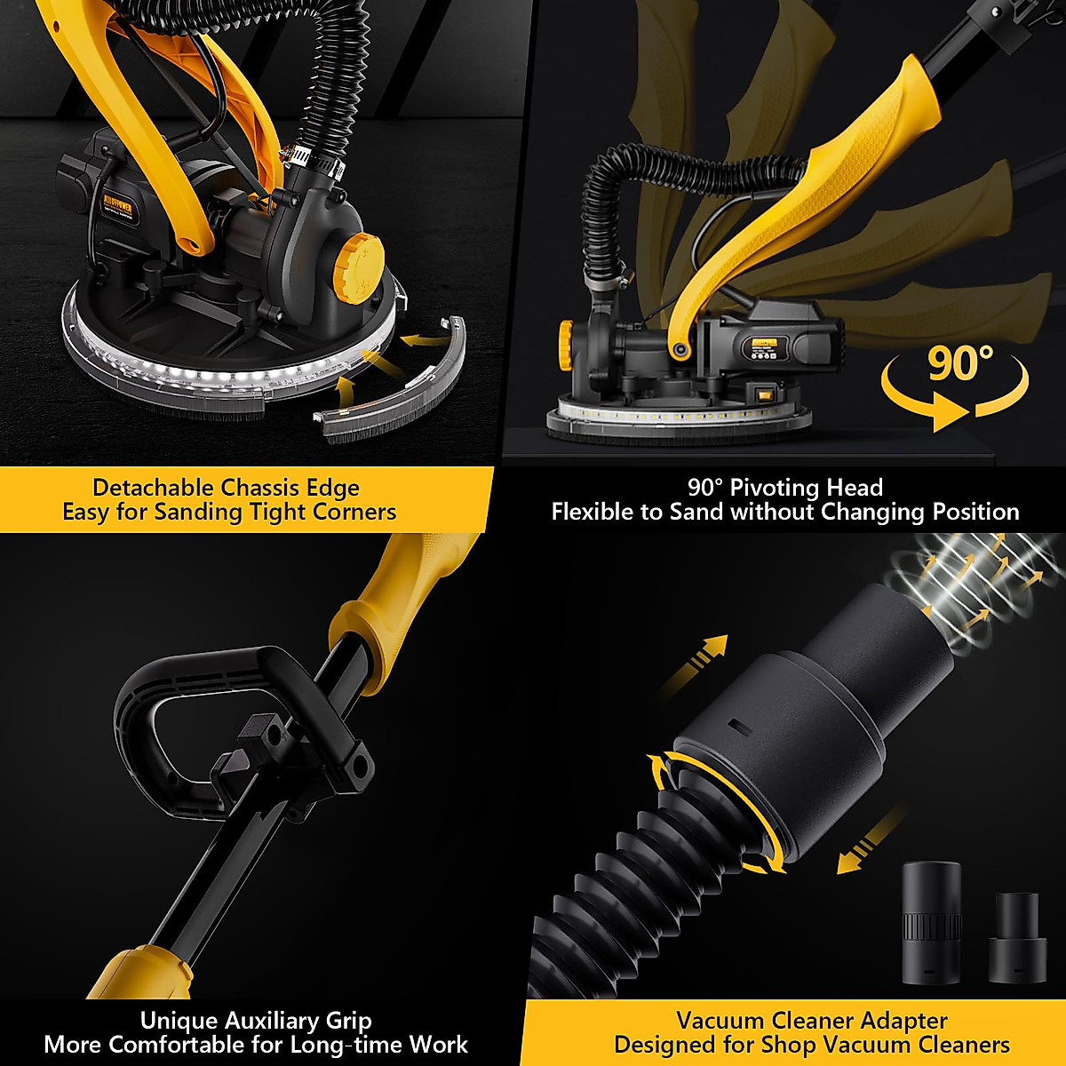 Drywall Sander, 1050W Electric Drywall Sander with Vacuum Dust Collection, 2100RPM Wall Sander with 7 Variable Speed, Foldable & Extendable Handle, Double-Deck LED Light, Dust Bag and Hose