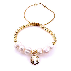 LESLIE BOULES 18K Gold Plated Round Cross Pendant Baroque Bracelet for Women Catholic Jewelry