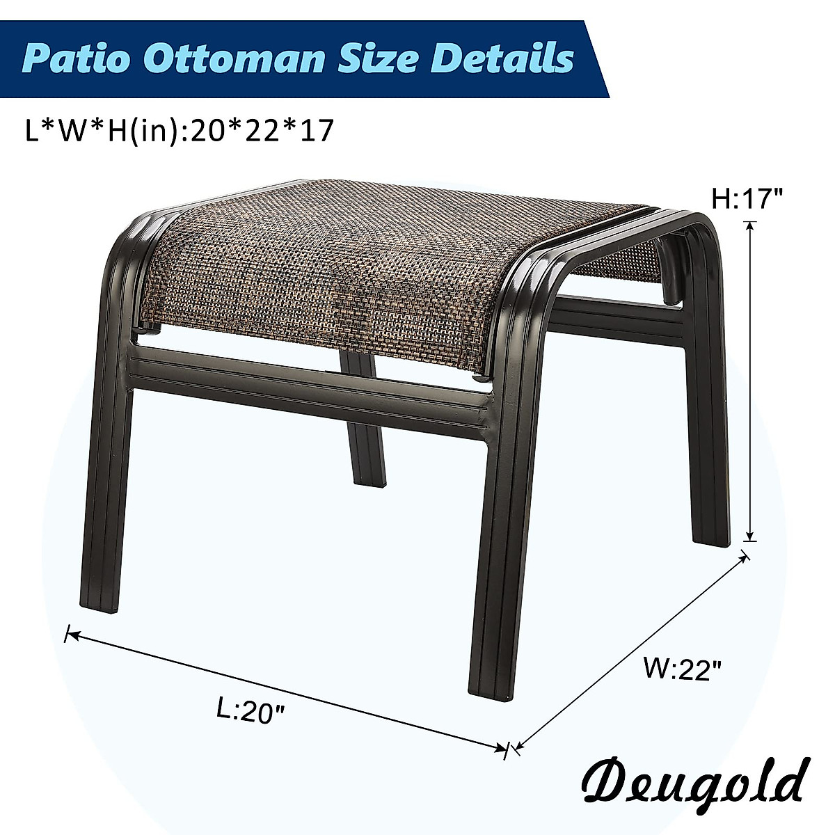 Deugold Outdoor Patio Foot Rest Ottoman Seat Textilene Portable Metal Footstool Portable Patio Chairs 2 Set Brown