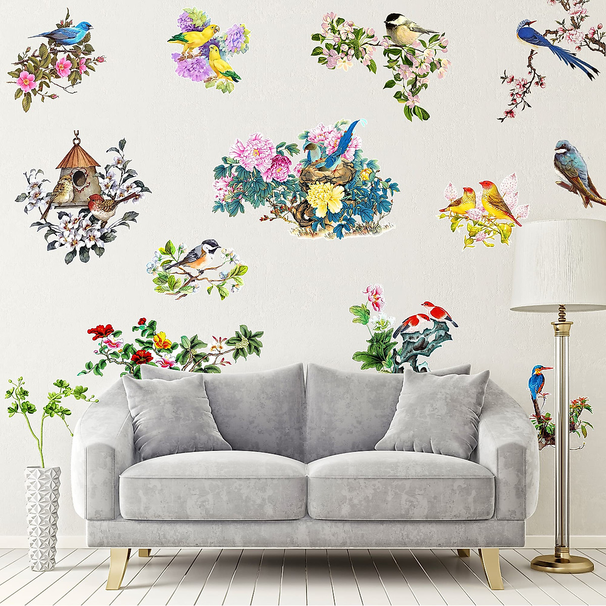 Birds on Tree Branches Wall Decals,Cardinal Birds Flowers Wall Stickers Spring Summer Robinbird Decor for Home Kitchen Office Kids DIY Supply