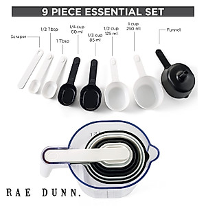 Rae Dunn Measuring Cup Set - 9 PC. Nesting Stackable Liquid Measure Cup, Dry Measuring Cups and Spoons with Funnel and Scraper - Nesting and Clicks Together for Easy Storage (Multi)