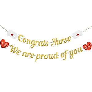 Whaline 2Pcs Nurse Graduation Paper Banner Glitter Gold Congrats Nurse Hanging Garland We are Proud of You Letter Party Banner for Nursing Medical School Nurse Graduation Party Decor Supplies, 8.2Ft